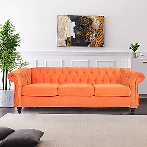 LEVNARY Velvet Chesterfield Sofa, Classic Tufted Upholstered Couch, Modern 3 Seater Couch Long Settee Furniture with Tufted Back for Living Room Office (Orange)