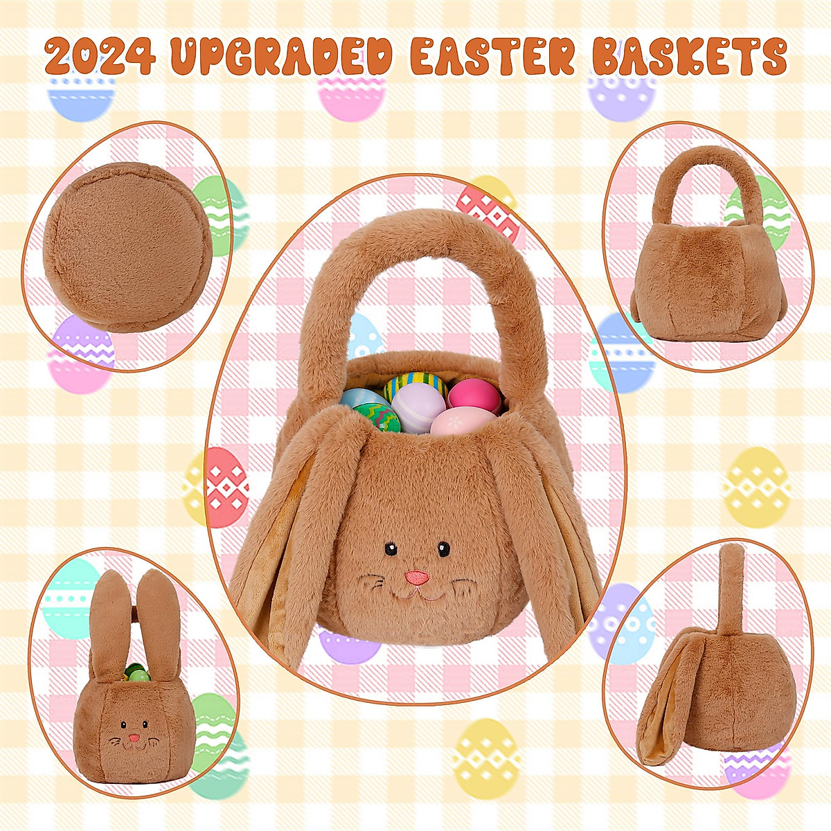OurHonor Easter Basket Plush, Bunny Easter Basket For Kids, Plush Easter Buckets With Long Ear Easter Bags for Boys Girls, Easter Tote Bags For Decorations Gifts Storage (Brown)