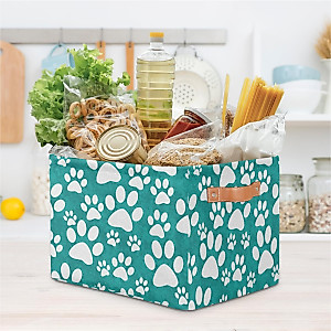 Teal and White Dog Paw Foldable Storage Basket Bin Large Fabric Kids Toys Storage Cube Box with Handles Collapsible Closet Shelf Cloth Organizer Basket for Nursery Bedroom Shelves Laundry
