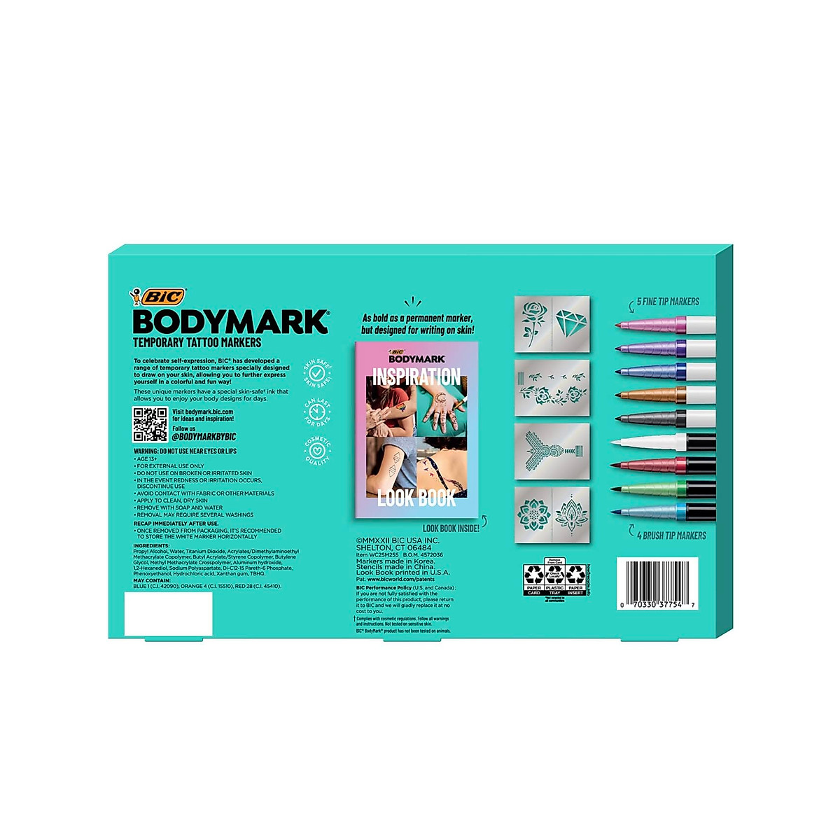 BIC BodyMark Temporary Tattoo Kit: 9 Markers, 5 Stencil Sheets, Inspiration Book