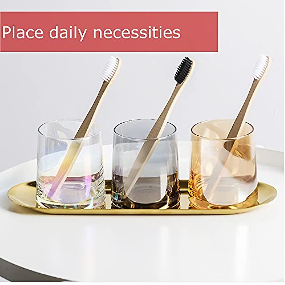 2 Pack Long Narrow Gold Rolling Metal Decorative Tray, 12 Inch Stainless Steel Golden Serving Tray, Oval Brass Vanity Tray Table Décor Platter for Jewelry, Towel, Bathroom, Desktop, Exxacttorch