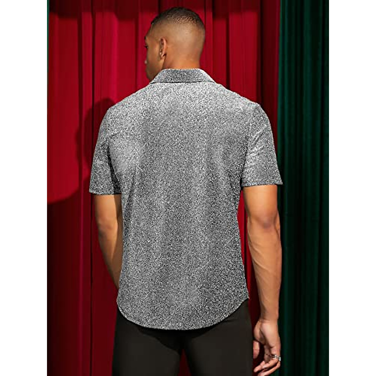 WDIRARA Men's Button Front Short Sleeve Collar Glitter Shirt Metallic Party Club Tops Pure Silver M