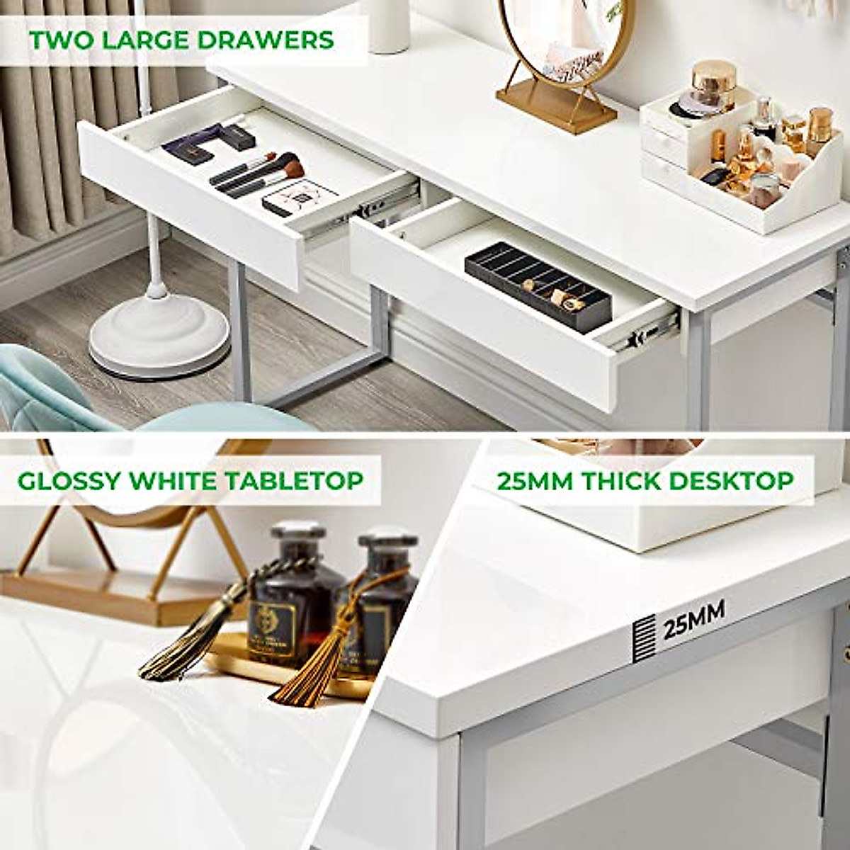 GreenForest Vanity Desk with 2 Drawers Glossy White 47 inch Modern Home Office Computer Writing Desk Makeup Dressing Table with Metal Silver Legs for Bedroom,Without Mirror