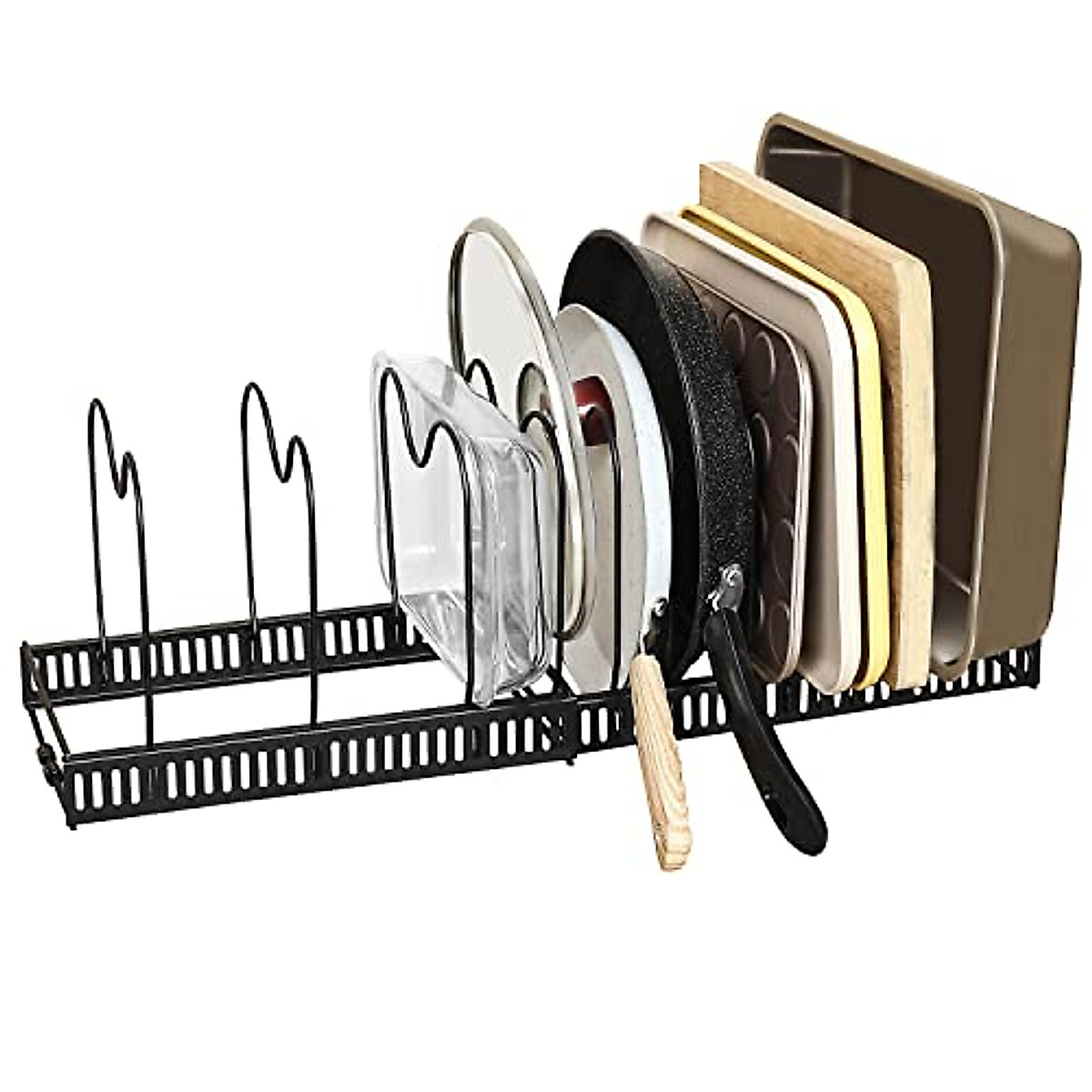 Mlesi Expandable Pot and Pan Organizer Rack, 12+ Pot Lid Organizer Holder, Bakeware Adjustable Rack, Kitchen Cabinet Organizer for Bakeware Cutting Boards, Black