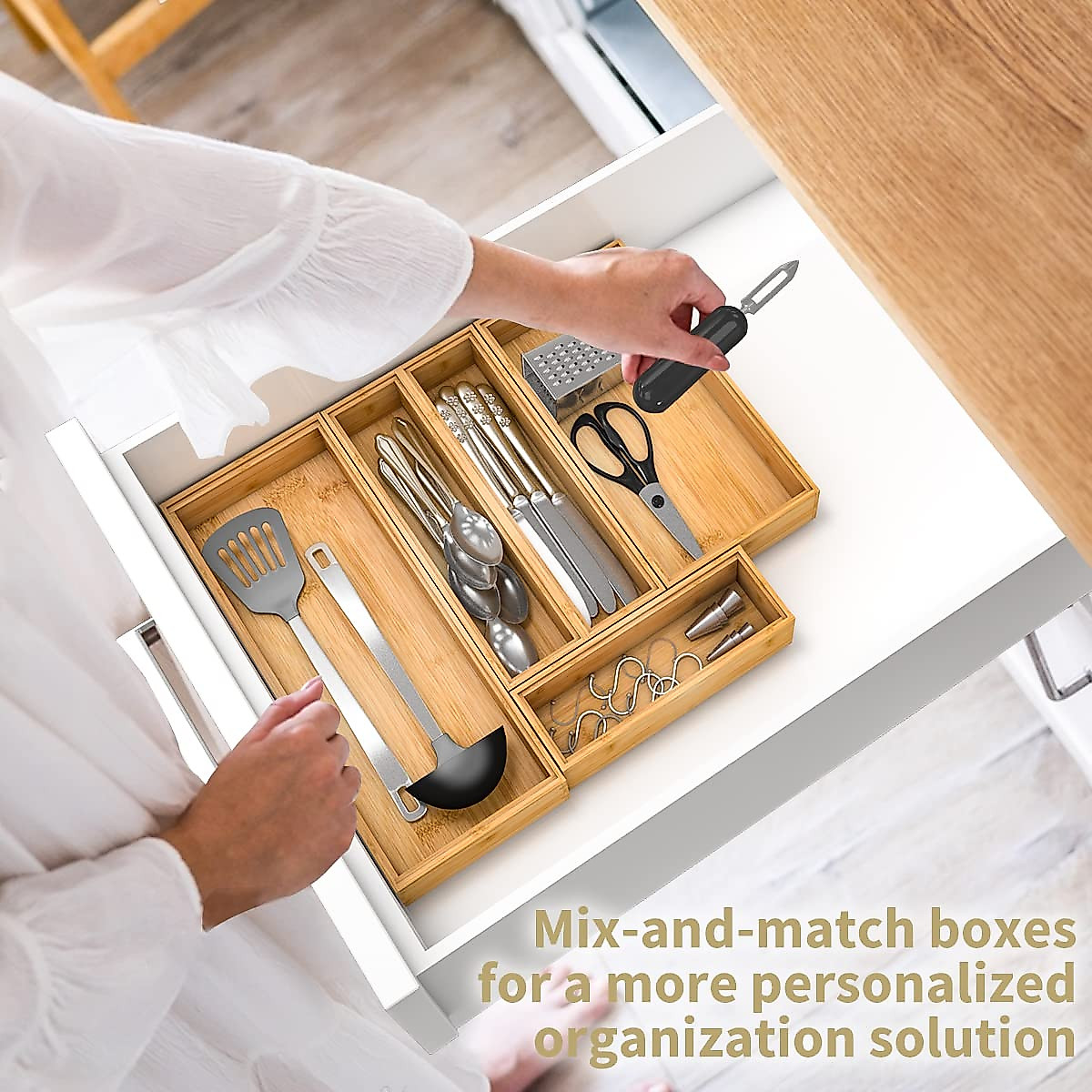 Bamboo Drawer Organizer Storage Box Kitchen - Wood Stackable Tray Set of 2 (12x3x2 inch）