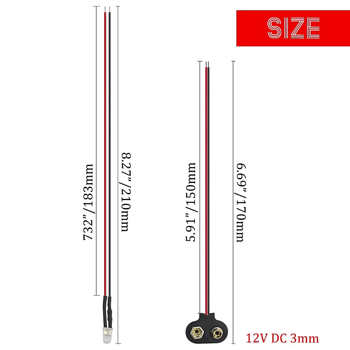 XINGYHENG 70Pcs 12V DC 5mm Pre Wired Light Emitting Diodes 7.1Inch Mixed Color(7 Colors x 10pcs) + 20pcs 5mm Lamp Holder+10 PCS 9V Battery Clip Connector