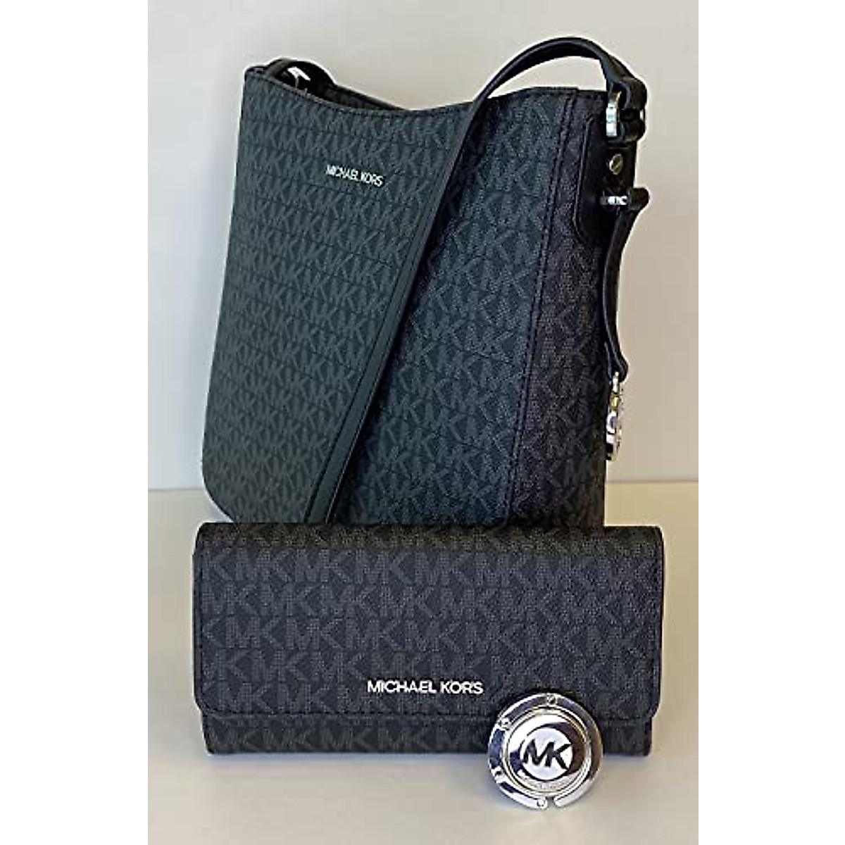 Michael Kors MICHAEL Michael Kors Jet Set Travel Large Messenger Crossbody bundle with Trifold Wallet Purse Hook (Signature MK Black)