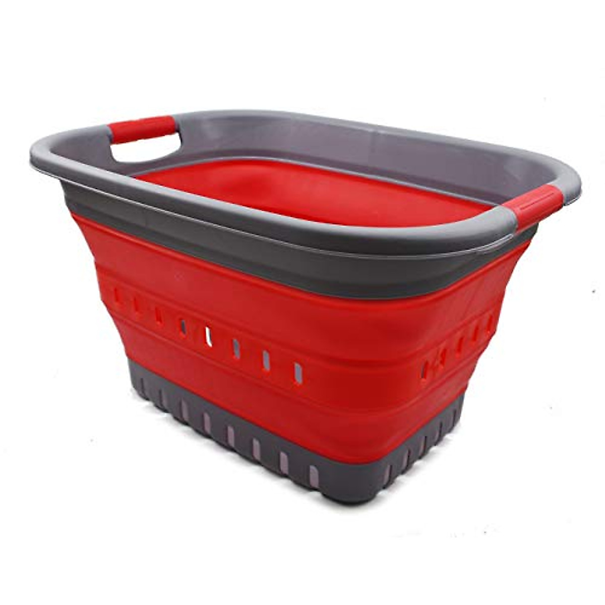 SAMMART 37L (9.77 gallon) Collapsible Plastic Laundry Basket - Foldable Pop Up Storage Container/Organizer - Space Saving Hamper/Basket (1, Grey/Red)