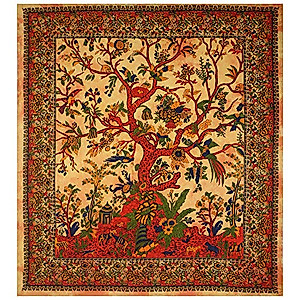 THE ART BOX Tapestry Yellow Orange Tree of Life Wall Hanging Psychedelic Tapestries Indian Cotton Twin Bedspread Picnic Sheet Wall Decor Blanket Wall Art Hippie Bedroom Décor (Twin, 82x54 Inch)