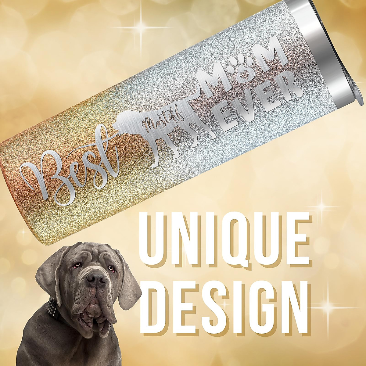 Onebttl Dog Mom Gifts, Dog Lover Gifts for Women, Best Dog Mom Ever, 20 oz Glitter Silver-Gold Insulated Tumbler - Mastiff Mom