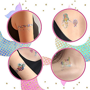 Ooopsi Mermaid Party Supplies Temporary Tattoos for Kids - 7 Large Sheet, 100+ Glitter Styles, Mermaid Party Favors and Birthday Decorations for Children Girls