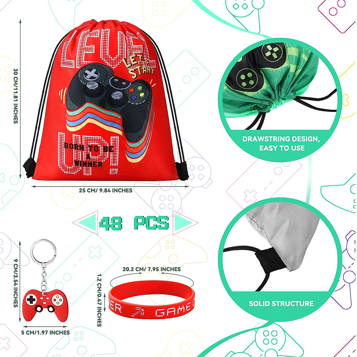Hungdao 48 Pcs Video Game Party Favors 16 Gamer Party Drawstring Bags Gaming Goodie Bag 16 Wristbands 16 Keychains for Birthday Party
