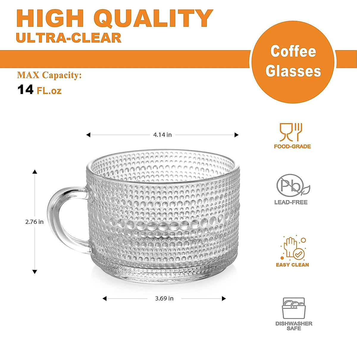 LUXU Vintage Coffee Mugs 14 oz Set of 4 Glass Tea Cups Stackable Glass Coffee Cups,Cute Coffee Bar Accessories,Iced Coffee Glasses,Clear Embossed Glass Cups for Cappuccino,Latte,Cereal,Yogurt,Milk