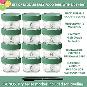 Sage Spoonfuls Glass Baby Food Containers with Lids - 12 Pack, 4 oz Baby Food Jars, Freezer Storage, Leakproof, Reusable Small Glass Baby Food Containers, Microwave & Dishwasher Friendly
