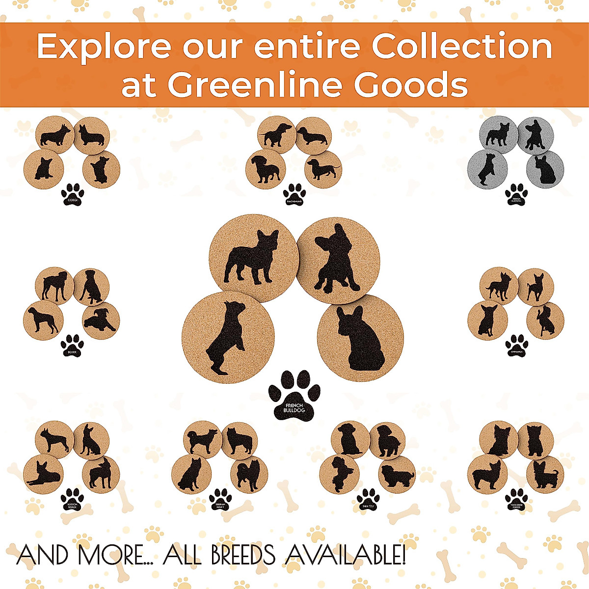 Greenline Goods French Bulldog Lovers Cork Drink Coasters - Set of 4 Dog Coasters with Protective Bottom - French Bulldog Decor Coasters for Drinks - Frenchie Gift Idea for French Bulldog Moms & Dads