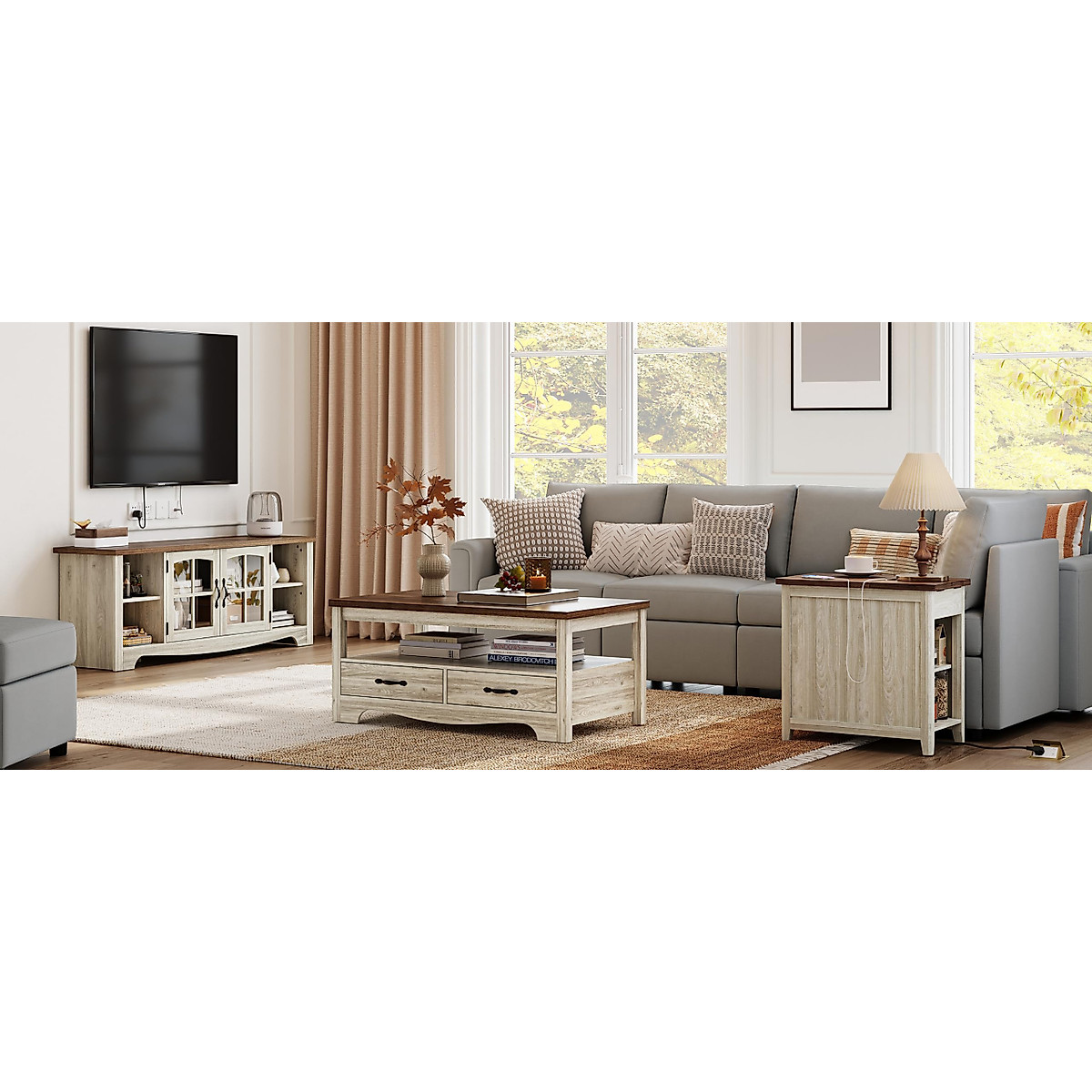 LINSY HOME Living Room Table Sets 4 Piece with TV Stand, Farmhouse TV Stand for 65 Inch TV, Coffee Table with Drawers, Two End Table with Charging Station, Washed Gray