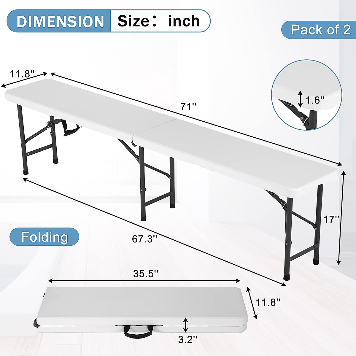 Plastic Folding Benches 6 Foot 2 Pack, Portable Outdoor Bench With Handle & Lock for Picnic Camping Dining Soccer Entertaining Activities, 660LBS, No Assembly