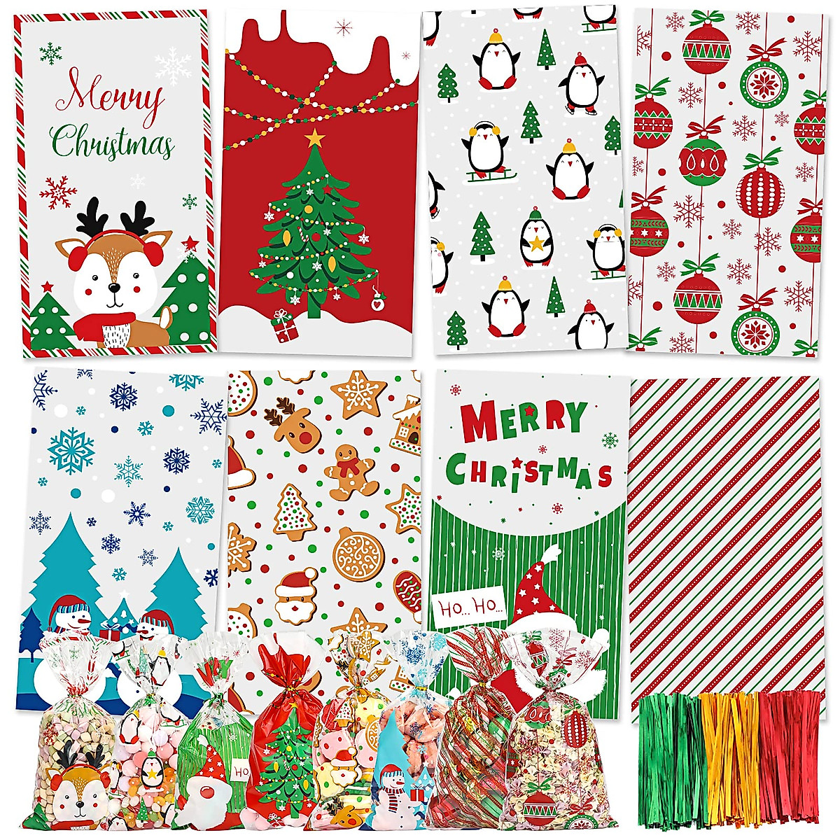 Moretoes 168pcs Christmas Candy Bags Treat Bags Cellophane Bags with 180pcs Twist Ties 8 Assorted Styles Treat Reindeer & Christmas Ball Pattern Snack Goodie Bags for Christmas Party Supplies