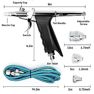 Airbrush kit, Airbrush Gun, Dual-Action Air Brush Set, Trigger Air Brush Spray Gun with 0.3, 0.2, 0.5mm Needles, 3 Sets Nozzles, Air Cap, Paint Cup, Air Hose, for Painting Nails Cake Tattoo Makeup