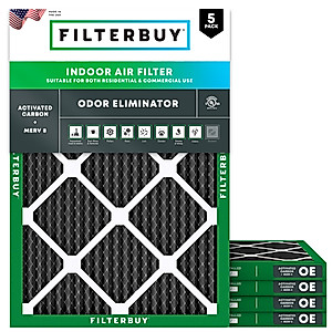 Filterbuy 20x25x1 Air Filter MERV 8 Odor Eliminator (5-Pack), Pleated HVAC AC Furnace Air Filters Replacement with Activated Carbon (Actual Size: 19.50 x 24.50 x 0.75 Inches)