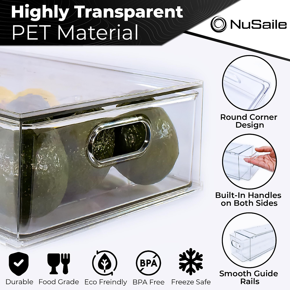 NuSaile Stackable Refrigerator Organizer Bins Pull Out Drawers with Handles - Vegetable and Fruit Storage Containers for Fridge - 2 Pack 3 Liter Plastic Kitchen Food Storage Bins