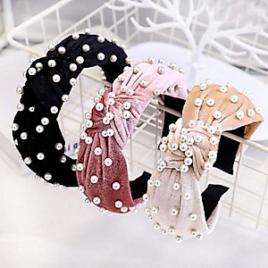 Yeaplike 3 Pack Velvet Wide Headbands Knot Turban Headband Vintage Hairband with Faux Pearl Elastic Hair Hoops Fashion Hair Accessories for Women and Girls