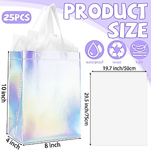 ISUSSER 25 Pack Holographic Gift Bags With White Handles Gift Bags with Tissue Papers Non Woven Reusable Handled Gift Bags Glossy Welcome Bags for Shopping Birthday Party Wedding, 8 x 4 x 10 Inch