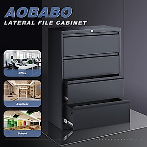 AOBABO 4 Drawer Lateral Steel File Organizing Cabinet with Locking System and Adjustable Hanging Bars for Letter/Legal Size Paper, Black