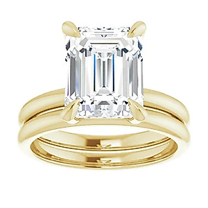 Handmade Solid Yellow Gold Women's Engagement Ring Set, 4 Carats Emerald Cut Solitaire Moissanite Ring Set, Wedding/Bridal Rings for Her, Anniversary/Promise Gifts Ring, 10K 14K 18K