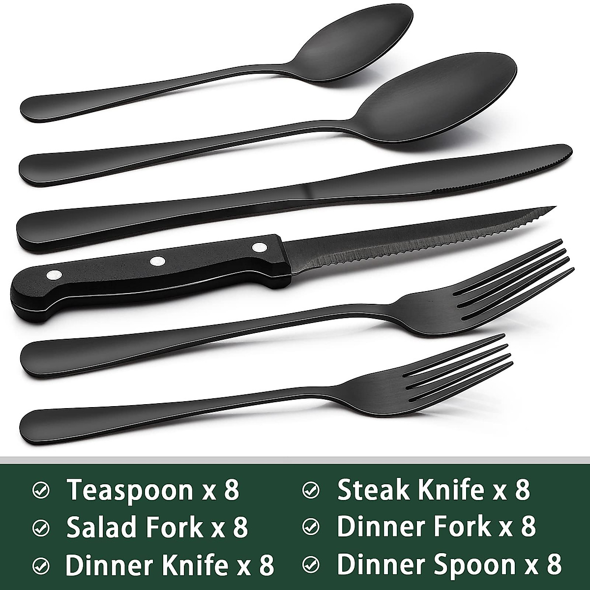 48-Piece Black Silverware Set with Steak Knives, Black Flatware Set for 8, Food-Grade Stainless Steel Tableware Cutlery Set, Kitchen Cutlery for Home Office Restaurant Hotel
