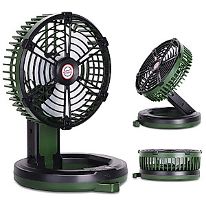 RUNTOP Portable Battery Operated Fan with LED Lantern, 7 inch Foldable Personal Desk Fan, Outdoor Small Rechargeable Quiet Camping Fan, Cooling Table Fan with Hanging Hook for Tent, Bedroom, Office
