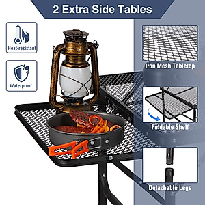 REDCAMP 36x24 Folding Grill Table for Outside with 2 Side Tables, Lightweight Portable Metal Aluminum Outdoor Grill Table with Adjustable Height Legs, Great for Camping Picnic Cooking BBQ, Black 3ft
