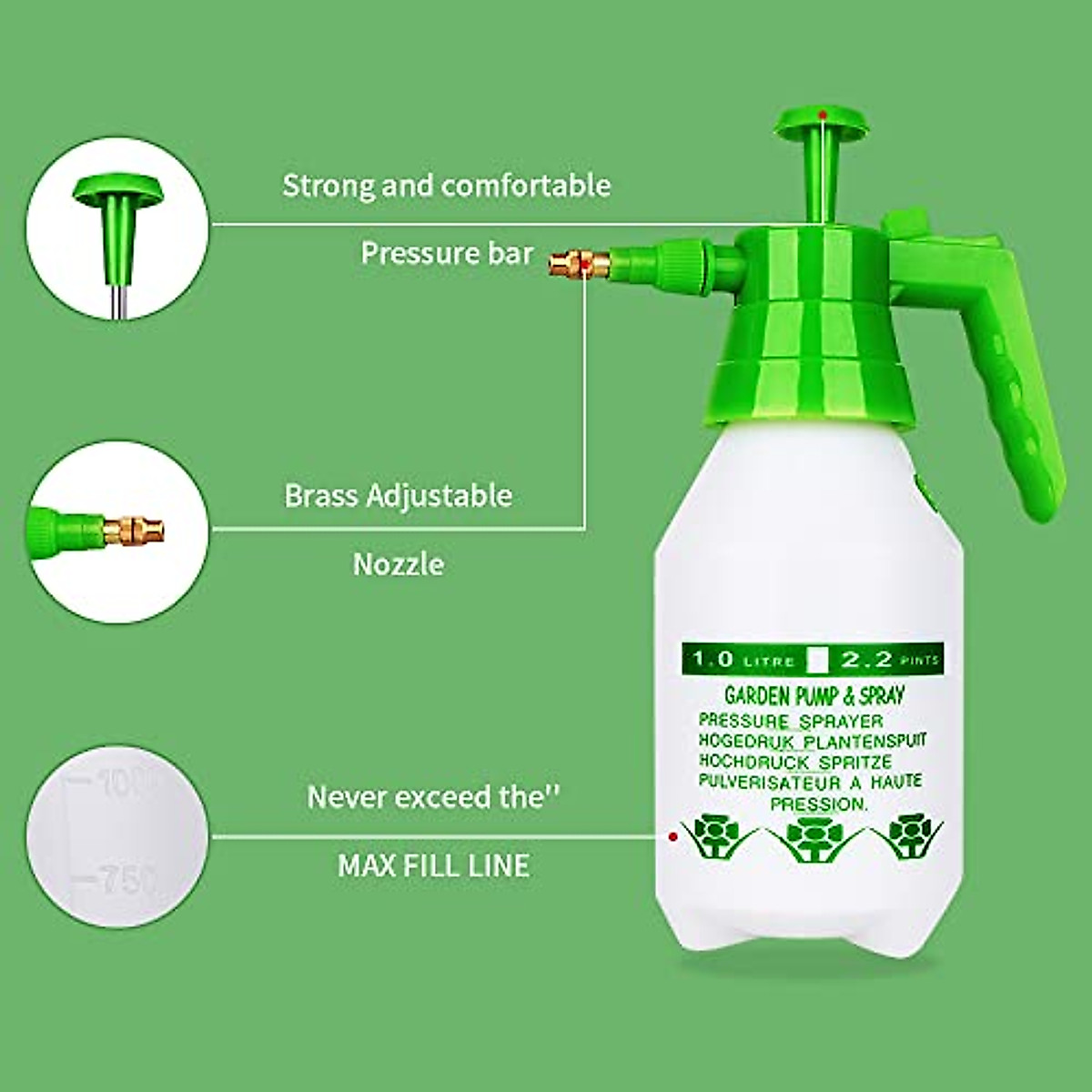 Munyonyo Garden Pump Sprayer,68oz/34oz Hand-held Pressure Sprayer Bottle for Lawn with Safety Value&Adjustable Nozzle, for Watering,Spraying Weeds,Home Cleaning and Car Washing,0.5 Gallon