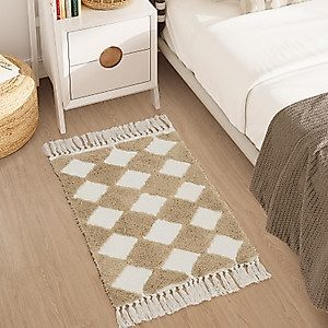 Collive Checkered Boho Bathroom Rugs, 2x3 Small Cute Throw Rug for Bedroom Modern Washable Bath Mats Cotton Woven Tufted Rug, Farmhouse Entryway for Kitchen Laundry Entrance Decor, Khaki