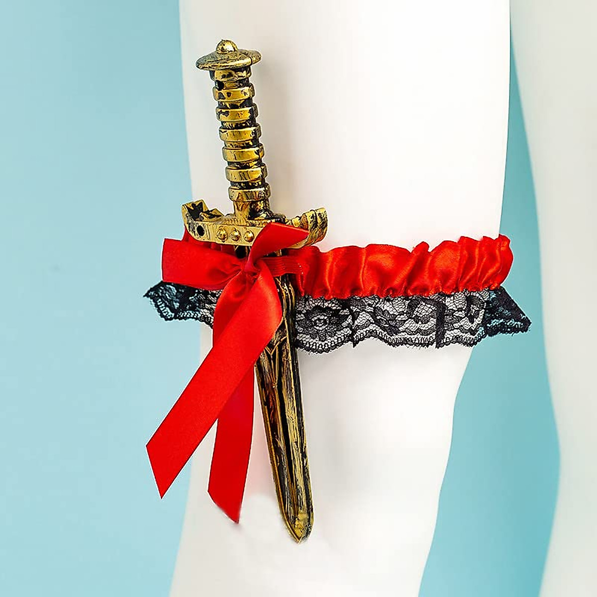 2 Pcs Bow Garter with Pirate Dagger Lace Bow Leg Ring Sword Leg Holster for Halloween Carnival Dress Up Props Women Girls Favor,Red