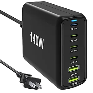 RISWOJOR 140W USB C Multiport Charger with PPS PD65W Dual PD20W, Fast 6 Port USB and USB C Charging Station, USB C Laptop Charger for MacBook iPhone Galaxy iPad Tablets (Black, 140W 4 USB-C & 2 USB-A)