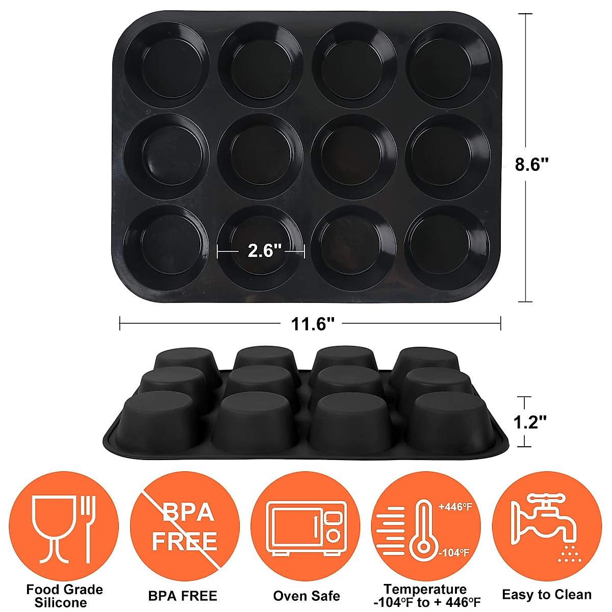 Inn Diary Silicone Muffin Pan for Baking 12 Cups Non-Stick Cupcake Pan,BPA Free Silicone Baking Mold for Muffin Cupcake Egg Bite Maker 2 Pack,Black