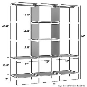 OUMYJIA 69 inches Portable Clothes Closet Wardrobe Non-Woven Fabric Storage Organizer, Side Pockets, Grey, 51 L x 17.5 W x 69 H inches