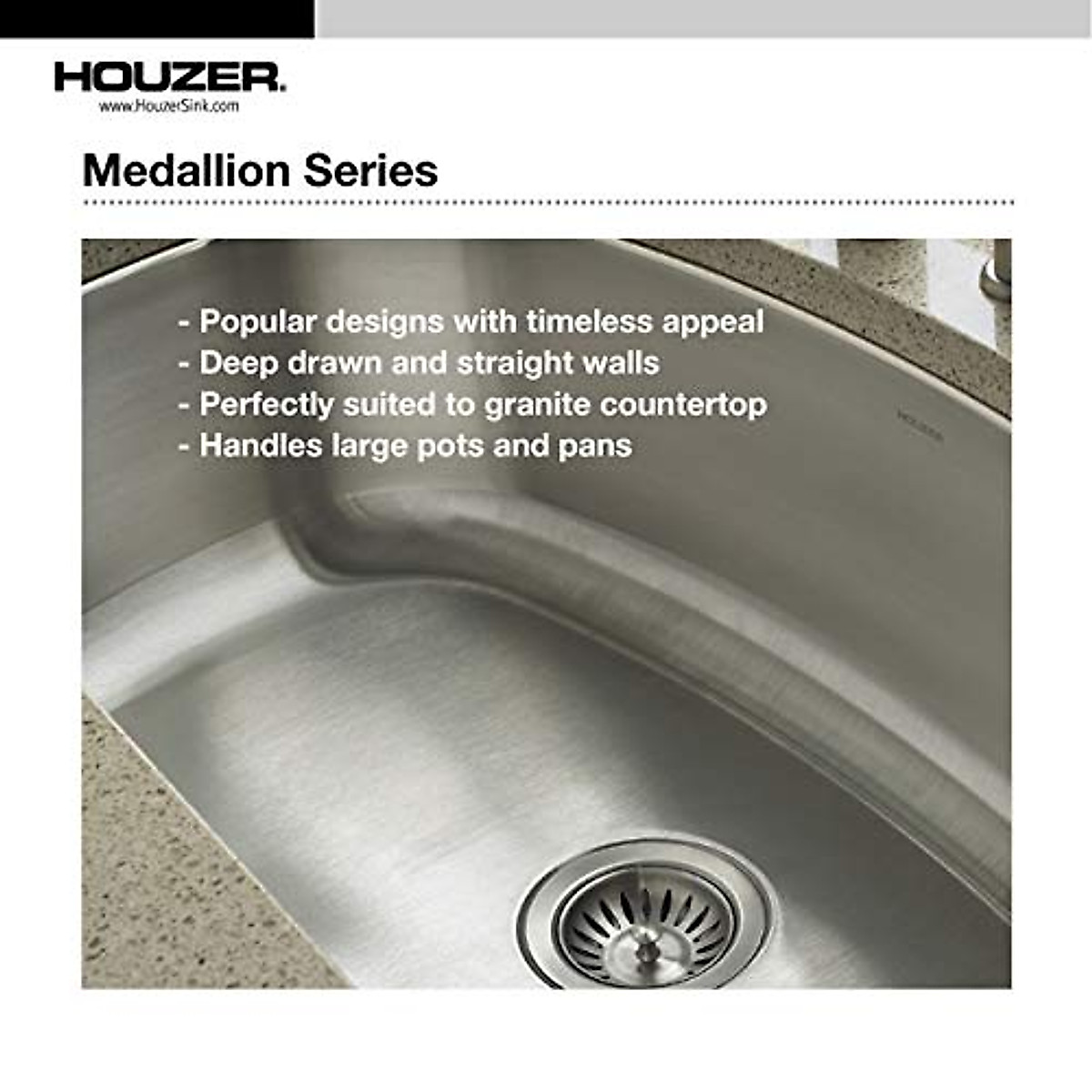 Houzer MGS-3018-1 Medallion Gourmet Series Undermount Stainless Steel Large Single Bowl Kitchen Sink