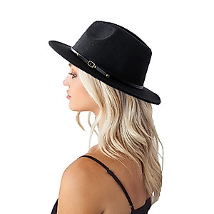 Classic Felt-Fedora Hat with Belt Buckle Women Wide Brim Wool Panama-Hat Adjustable（Size：S-M）