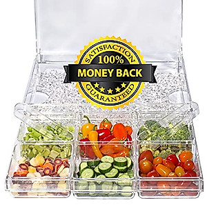 ImpiriLux Ice Chilled Six Compartment Condiment Server Caddy - Serving Tray Container with 6 Removable Dishes Each with 3.5 Cup Capacity | Domed Hinged Lid | 4 Serving Spoons + 4 Tongs Included
