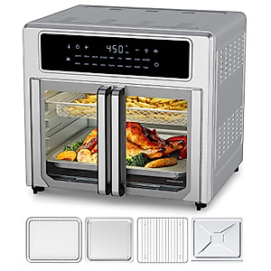 Kitchen Elite Air Fryer French Door Oven,26.4 Qt Easy Cleanup & Use Large Countertop Toaster Oven Combo,18 Presets & 1 Preheat & 1 Light,Multi-Layer Cooking,4 Accessories,Stainless Steel