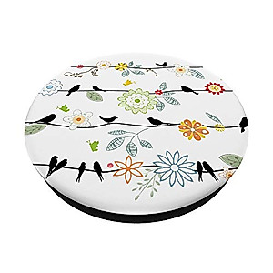 Cute Birds Black On Wires A Vintage Flowers Leaves On White PopSockets Grip and Stand for Phones and Tablets
