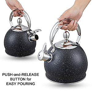 Creative Home 2.5 Qt. Stainless Steel Whistling Tea Kettle Teapot with Aluminum Capsulated Bottom for Fast Boiling Heat Water, for Induction Stove Top, Opaque Black with Speckle