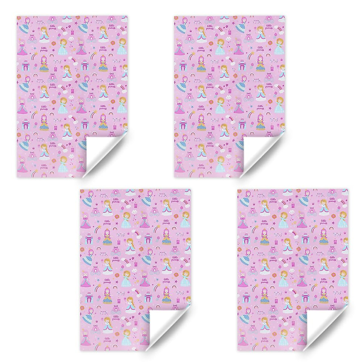 Little Princess Birthday Wrapping Paper for Girls Kids Baby Child, Lovely Pink Princess Castle Theme Gift Wrapping Paper for Birthday Baby Shower with Pink Ribbon 4 Sheets Folded Flat