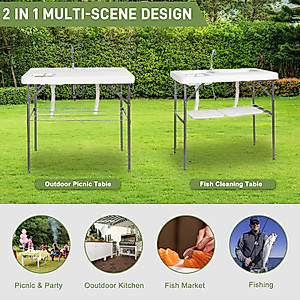 Outvita Fish Cleaning Table Folding Portable Camping Sink Table with Sink Faucet Drainage Hose/Outdoor Camping Table with Grid Rack & Knife Groove,Fish Fillet Hunting Cleaning Cutting Table,White
