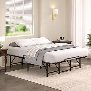 Queen Foldable Bed Frame, 14.2" High Portable Metal Platform Bed Frame with Tool Free Setup, Queen Size Collapsible Sturdy Steel Frame, No Box Spring Needed, Black