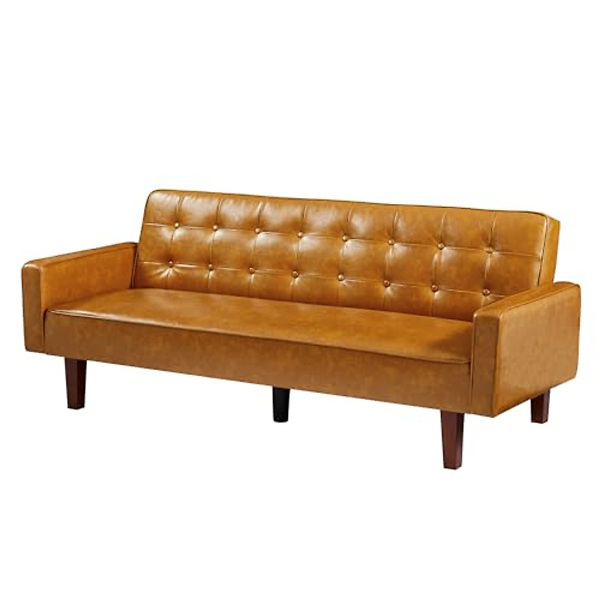 Homies Life Faux Leather Futon Couch, Mid Century Modern Futon Sofa with Memory Foam, Convertible Futon Sofa Bed for Small Spaces, Living Room, Office, Brown