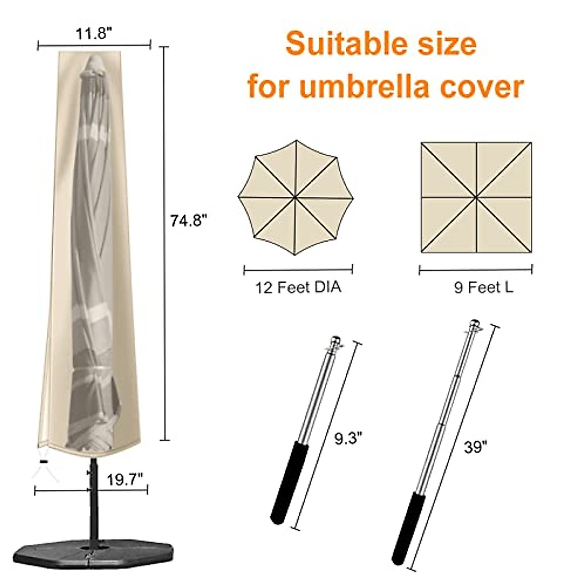 OKPOW Patio Umbrella Cover for 7-11ft Outdoor Umbrellas - 420D Waterproof Garden Market Umbrella Cover - Windproof Outside Parasol Covers with Zipper for Deck Pool Beach Umbrellas, Khaki
