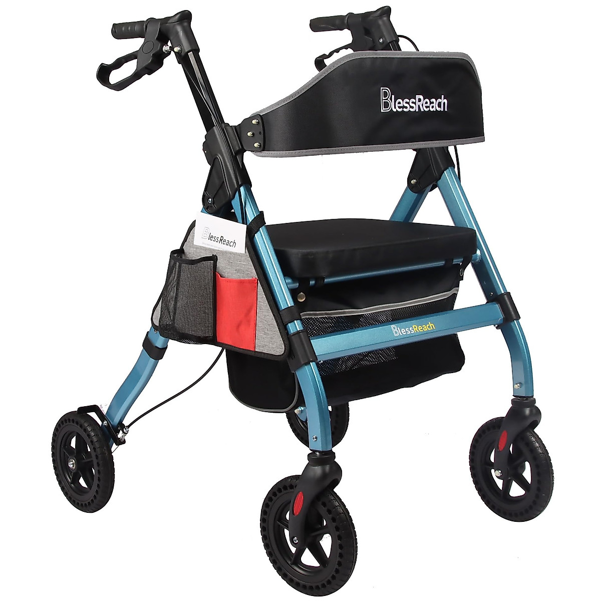 BlessReach Heavy Duty Rollator Walker - Aluminum Rolling Walker for Seniors and Adults with Large Seat, Support Up 450 lbs (Blue)